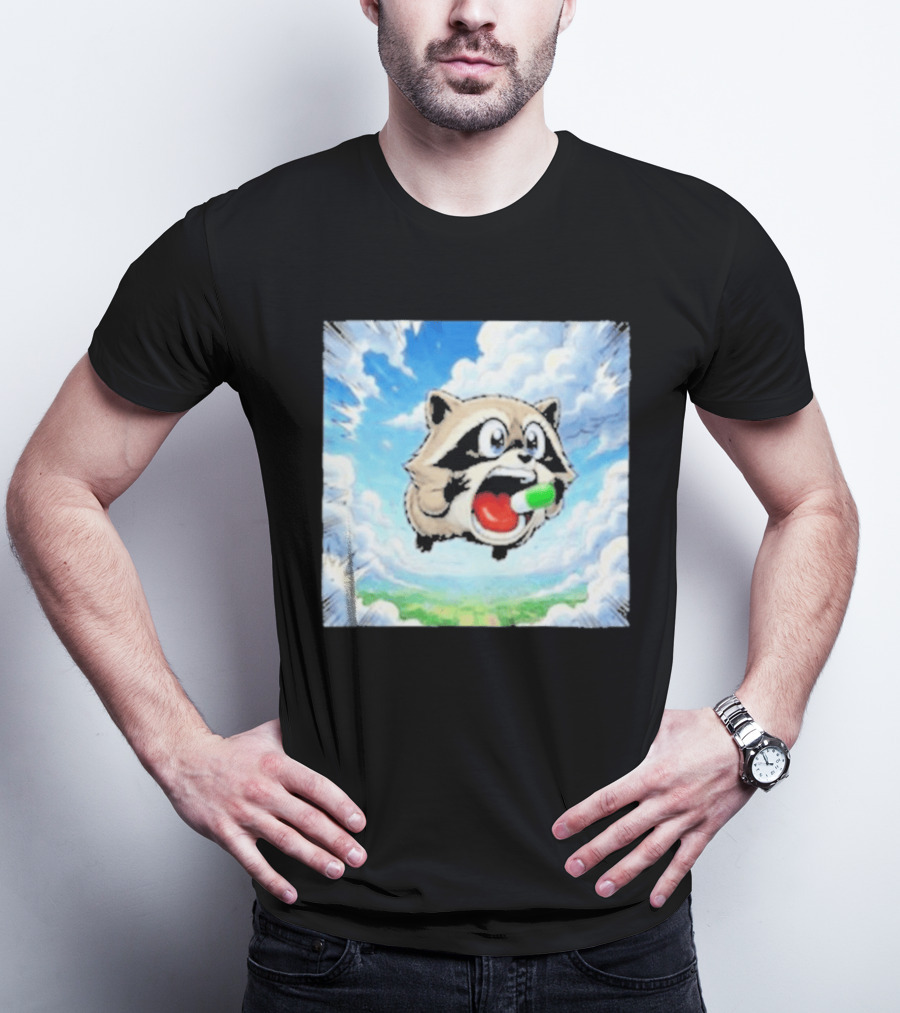 Jimothy Raccoon Cartoon Sky Dive With Colorful Capsule T-Shirt