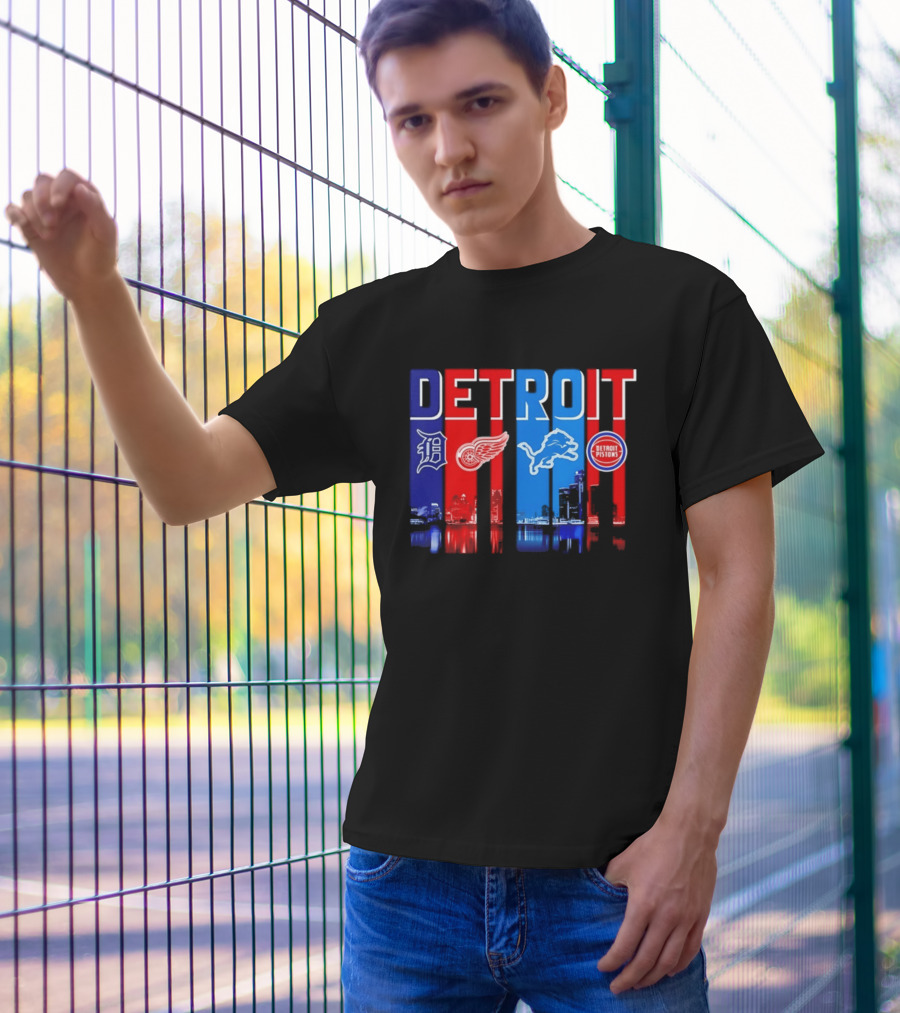 Detroit Tigers Red Wings Lions Pistons City Skyline 2026 T-Shirt