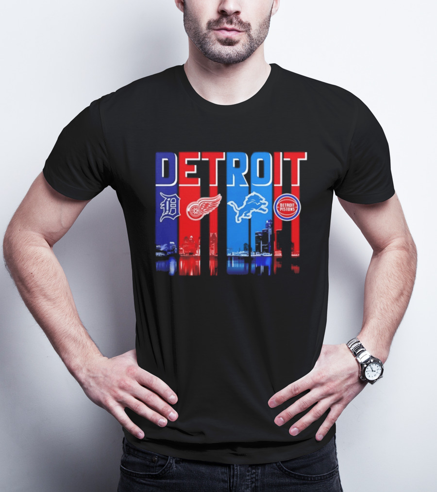 Detroit Tigers Red Wings Lions Pistons City Skyline 2026 T-Shirt
