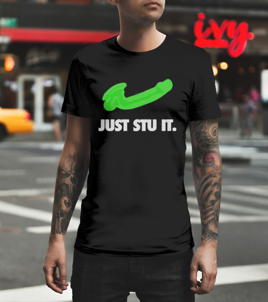 Just Stu It Green Swoosh Iconic Phrase T-Shirt