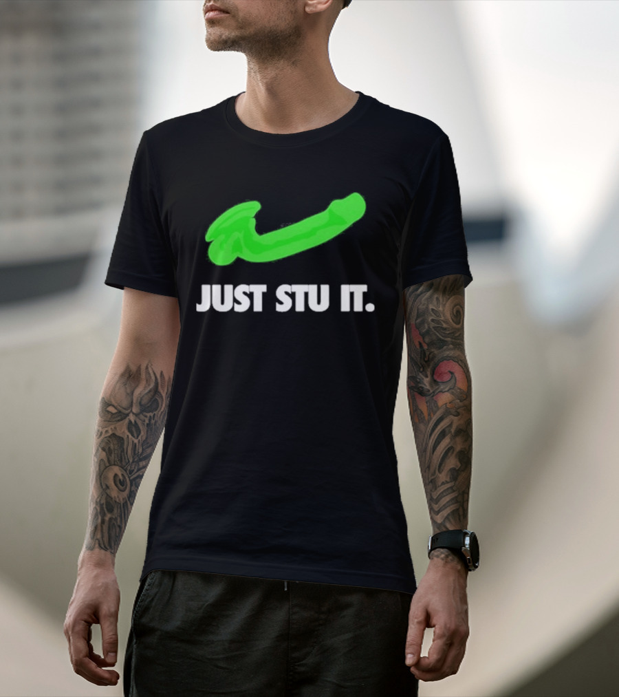 Just Stu It Green Swoosh Iconic Phrase T-Shirt