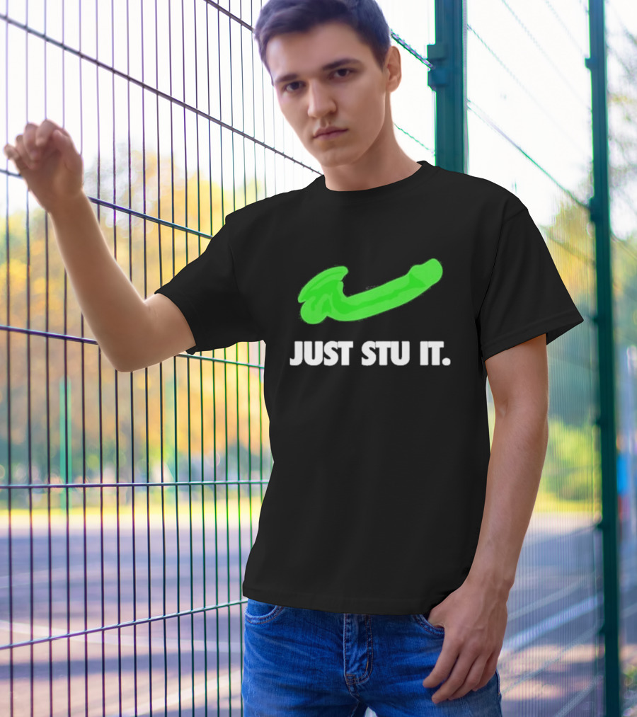 Just Stu It Green Swoosh Iconic Phrase T-Shirt