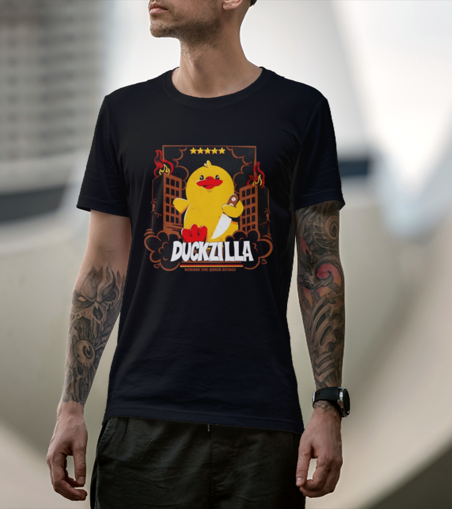 Duckzilla Beware The Quack Attack Knife Wielding Giant Duck With Burning Buildings T-Shirt