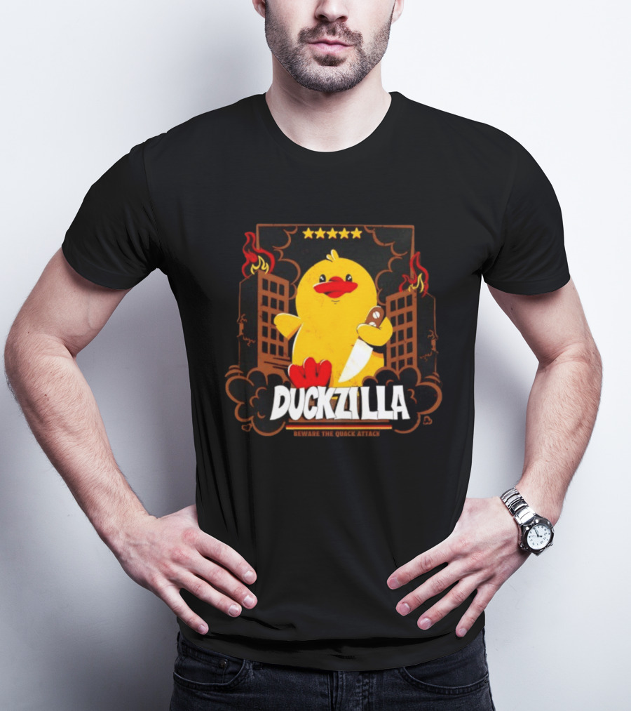 Duckzilla Beware The Quack Attack Knife Wielding Giant Duck With Burning Buildings T-Shirt