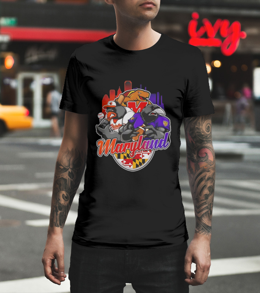 Maryland Orioles Ravens Terrapins Skyline Mashup With Flag T-Shirt