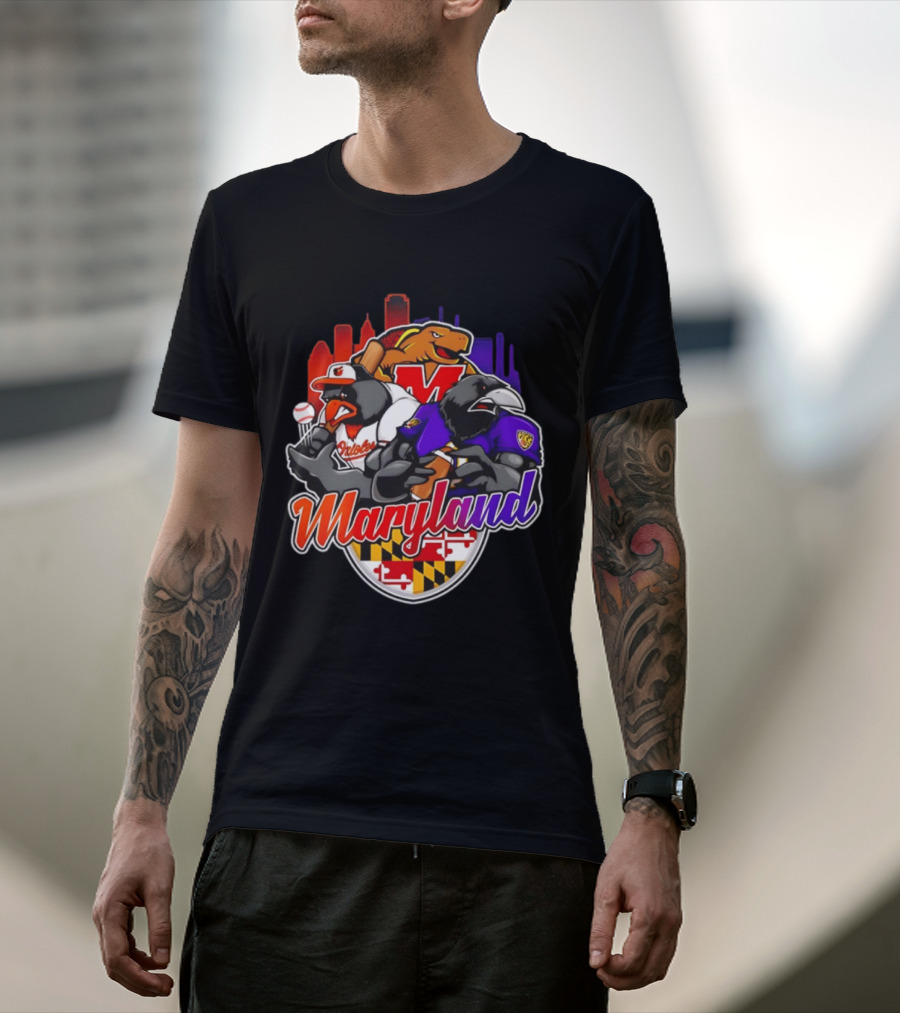 Maryland Orioles Ravens Terrapins Skyline Mashup With Flag T-Shirt