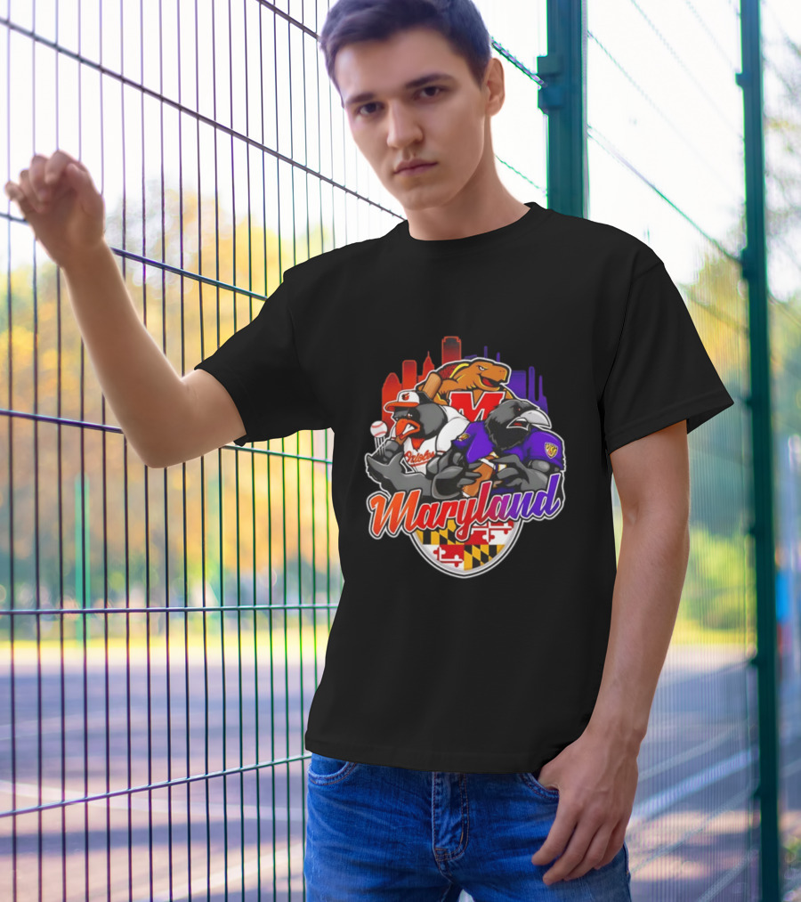 Maryland Orioles Ravens Terrapins Skyline Mashup With Flag T-Shirt