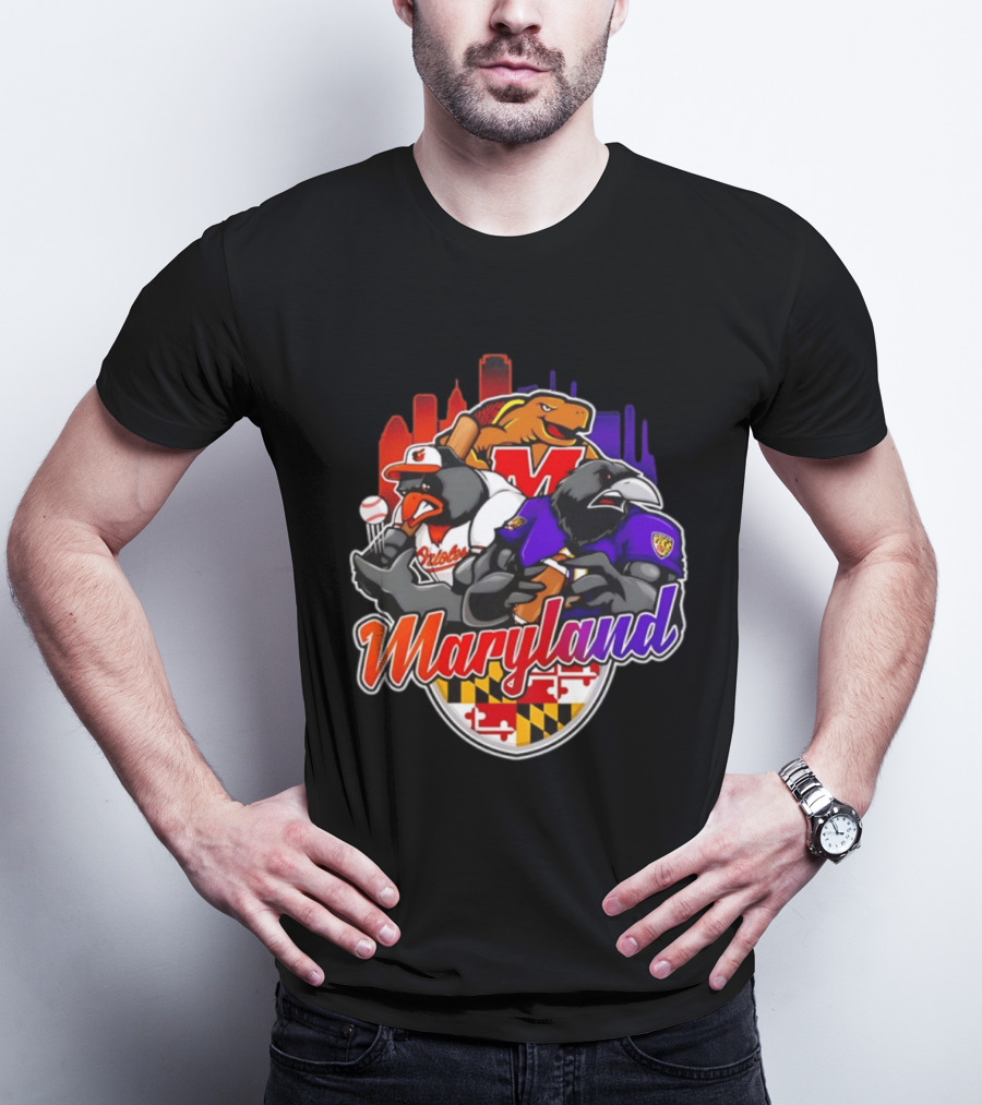 Maryland Orioles Ravens Terrapins Skyline Mashup With Flag T-Shirt