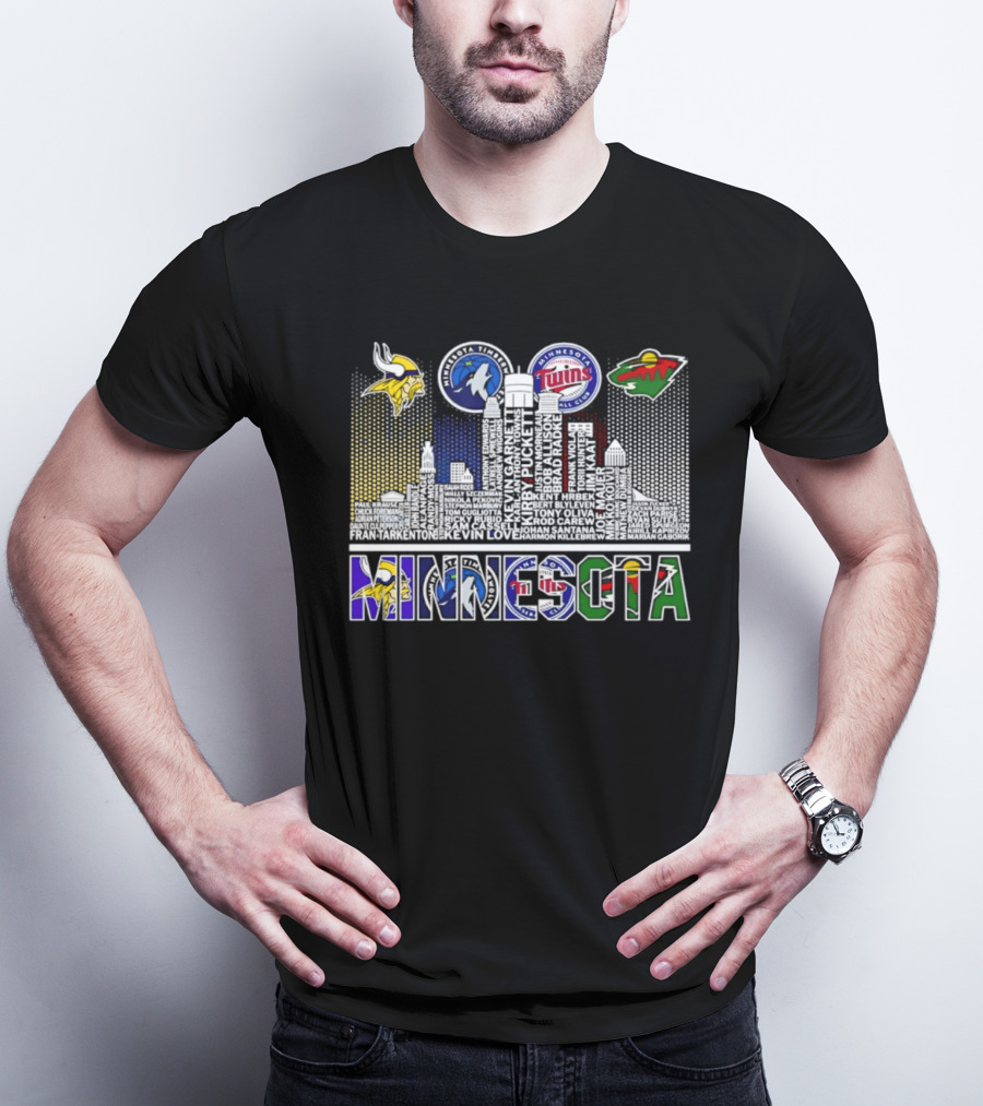 Minnesota Vikings Timberwolves Twins Wild Skyline Roster Names T-Shirt
