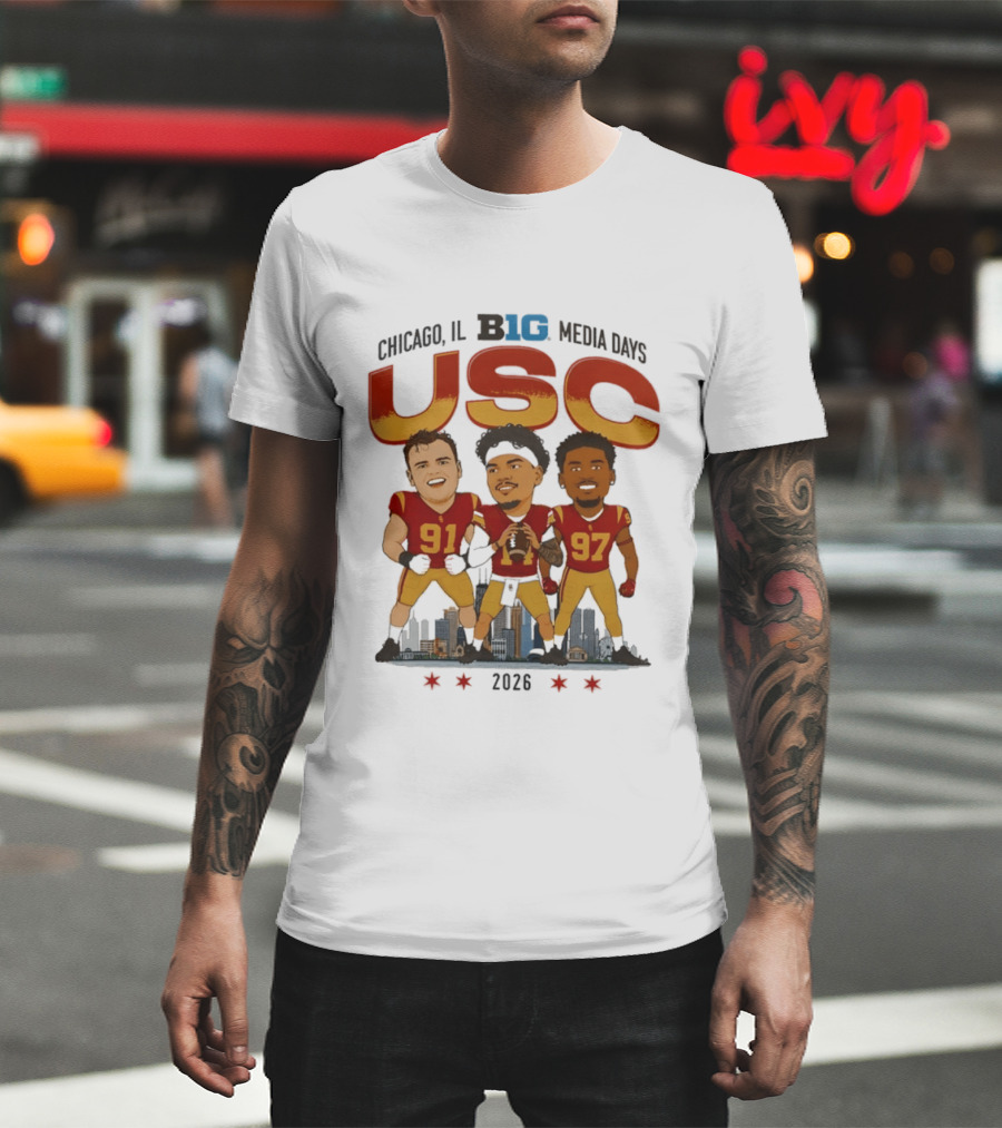 USC Trojans Big Ten Media Days 2026 Chicago Skyline Caricature Jayden Maiava Alex VanSumeren Jide Abasiri T-Shirt