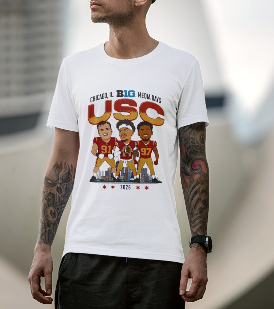 USC Trojans Big Ten Media Days 2026 Chicago Skyline Caricature Jayden Maiava Alex VanSumeren Jide Abasiri T-Shirt