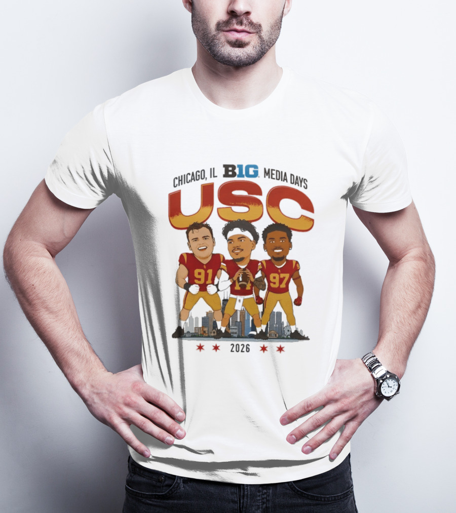 USC Trojans Big Ten Media Days 2026 Chicago Skyline Caricature Jayden Maiava Alex VanSumeren Jide Abasiri T-Shirt