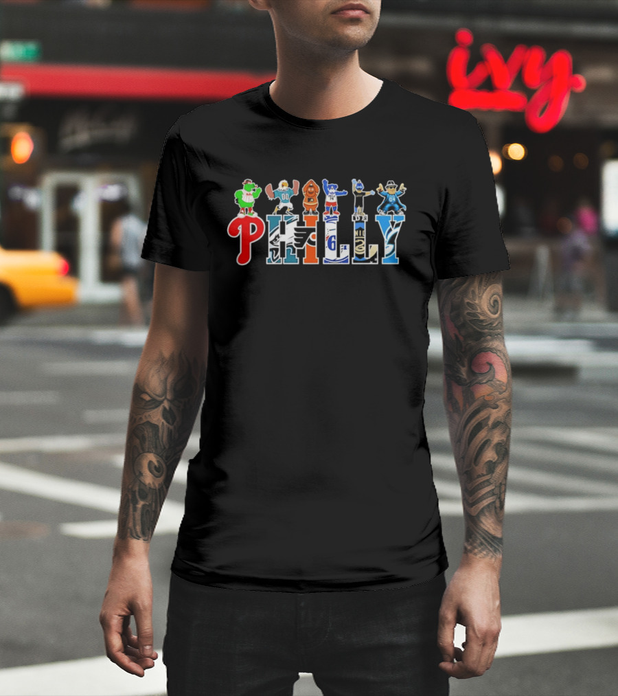 Philly Mascots 2026 Phillies Eagles Flyers Sixers Union Phanatic Gritty Swoop Franklin Fang T-Shirt