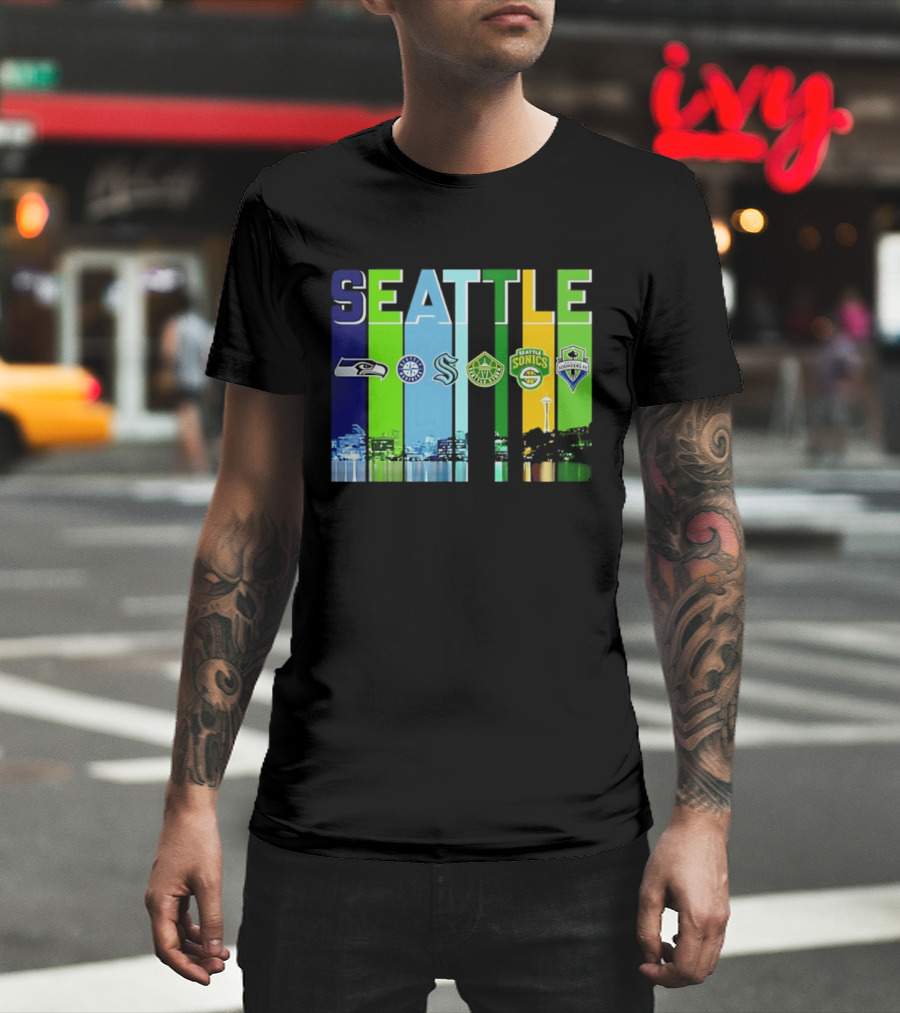 Seattle Seahawks Mariners Kraken Sonics Storm Sounders City Skyline T-Shirt