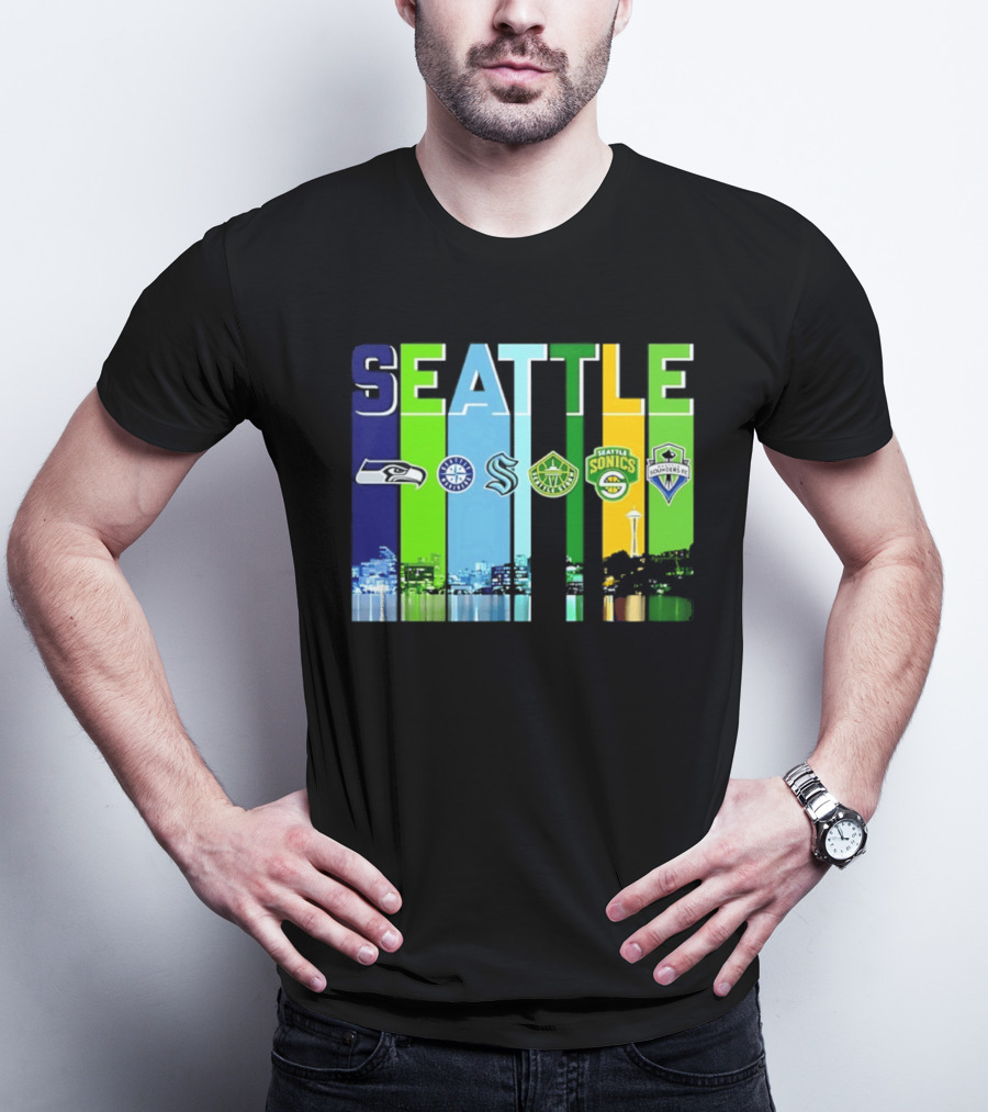 Seattle Seahawks Mariners Kraken Sonics Storm Sounders City Skyline T-Shirt