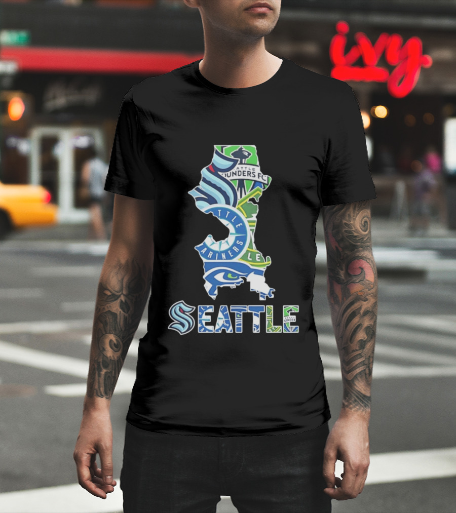 Seattle Kraken Mariners Seahawks Sounders FC Map Collage 2026 T-Shirt