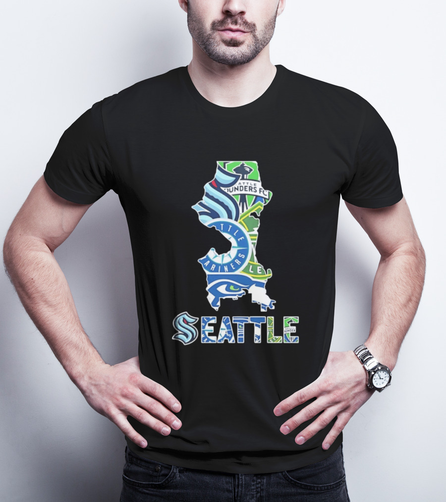 Seattle Kraken Mariners Seahawks Sounders FC Map Collage 2026 T-Shirt