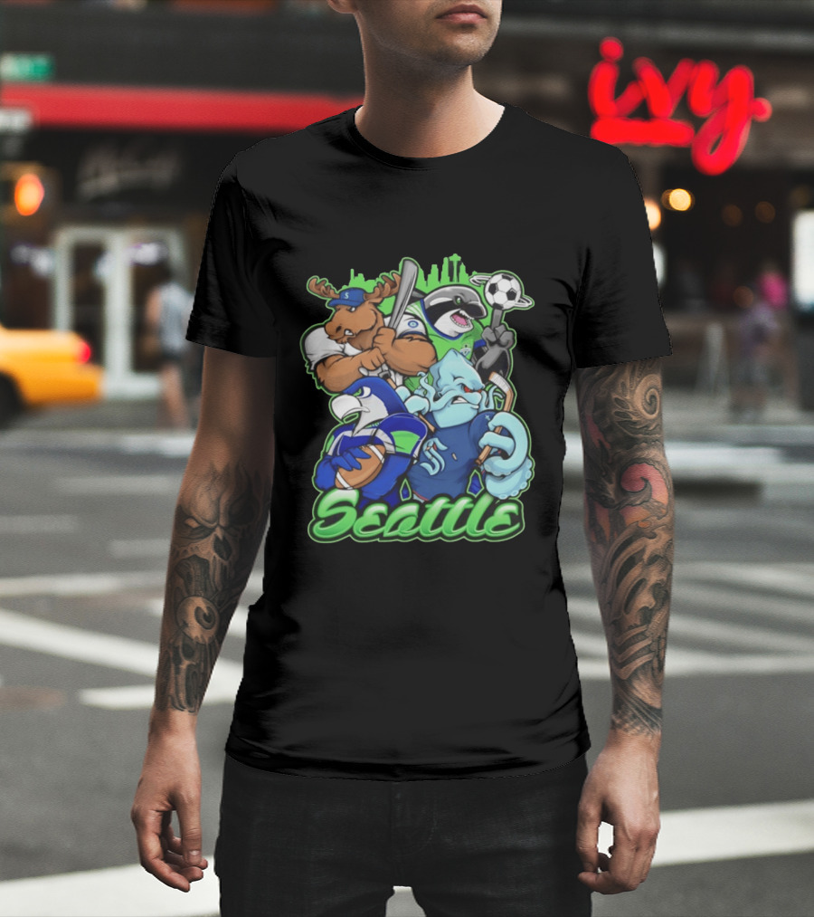 Seattle Sports Team Mascot Mashup With Moose Orca Octopus Bird Skyline T-Shirt