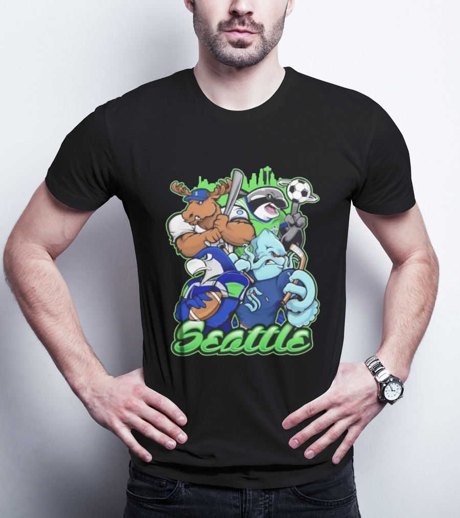 Seattle Sports Team Mascot Mashup With Moose Orca Octopus Bird Skyline T-Shirt