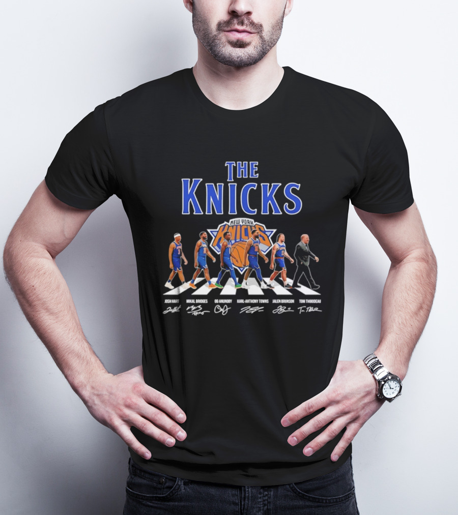 The Knicks Josh Hart Mikal Bridges OG Anunoby Karl Anthony Towns Jalen Brunson Tom Thibodeau Signatures Walking Knickerbockers T-Shirt