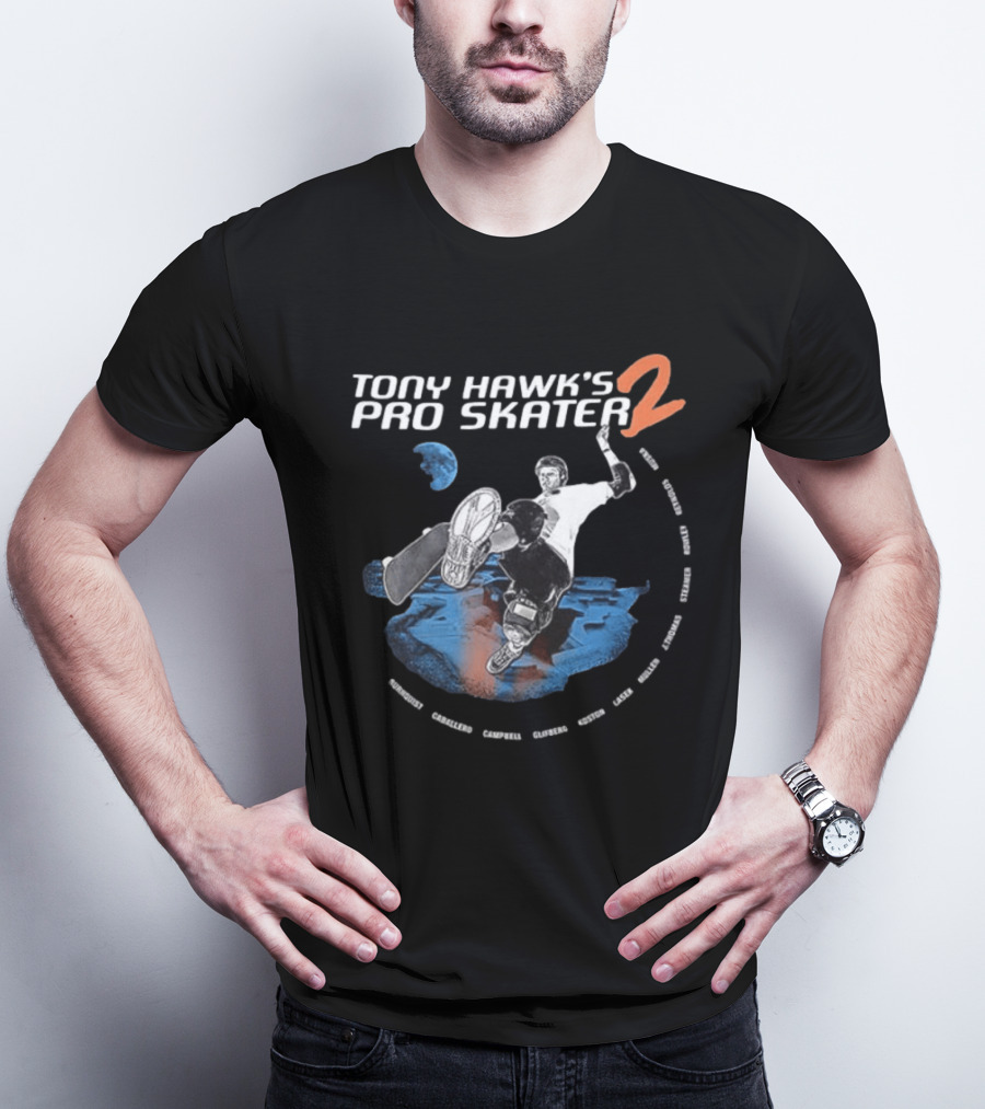 Tony Hawk's Pro Skater 2 Hawk's Back With New Technology New Pros And New Tracks 2 Sided Flip McTwist Skateboarding Legends T-Shirt
