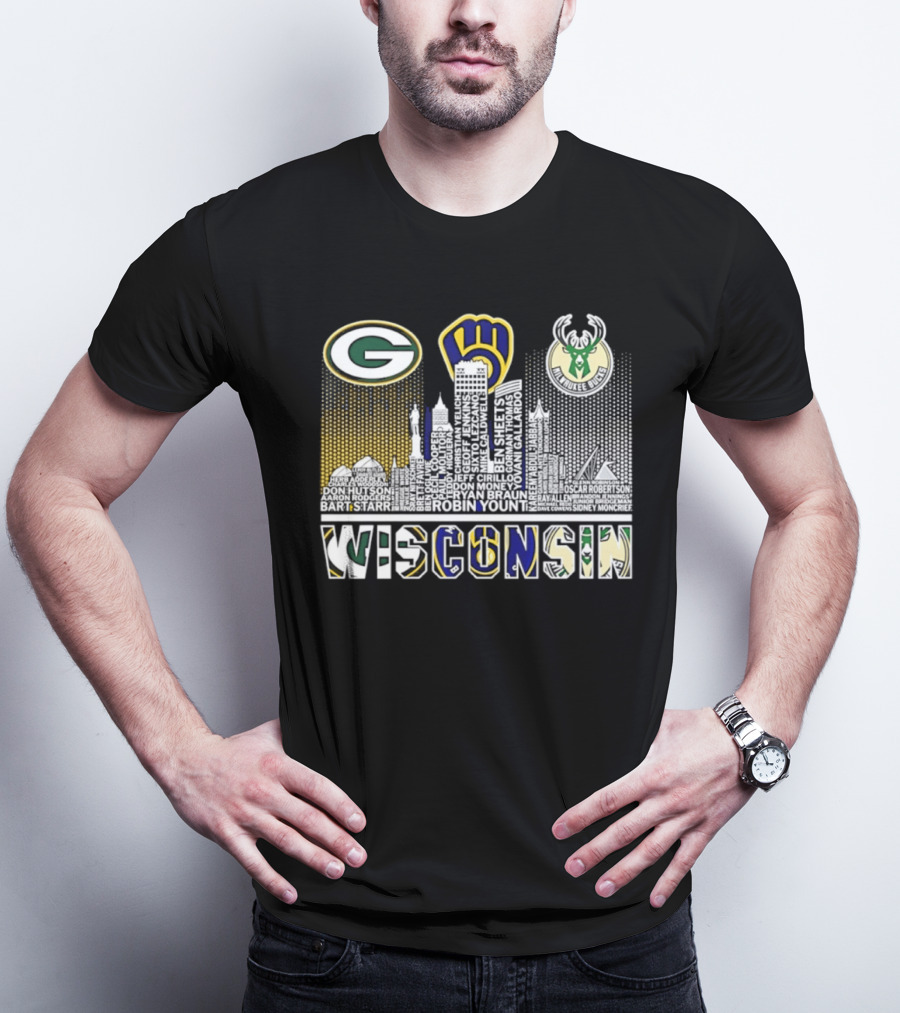 Wisconsin Green Bay Packers Milwaukee Brewers Bucks City Skyline Logos T-Shirt