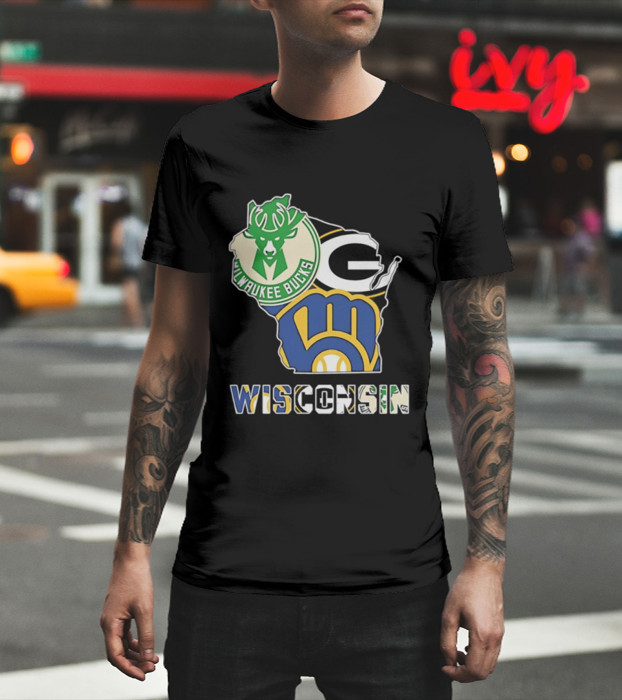 Milwaukee Bucks Green Bay Packers Milwaukee Brewers Wisconsin Map T-Shirt