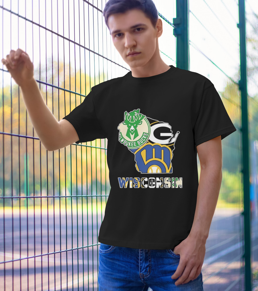 Milwaukee Bucks Green Bay Packers Milwaukee Brewers Wisconsin Map T-Shirt