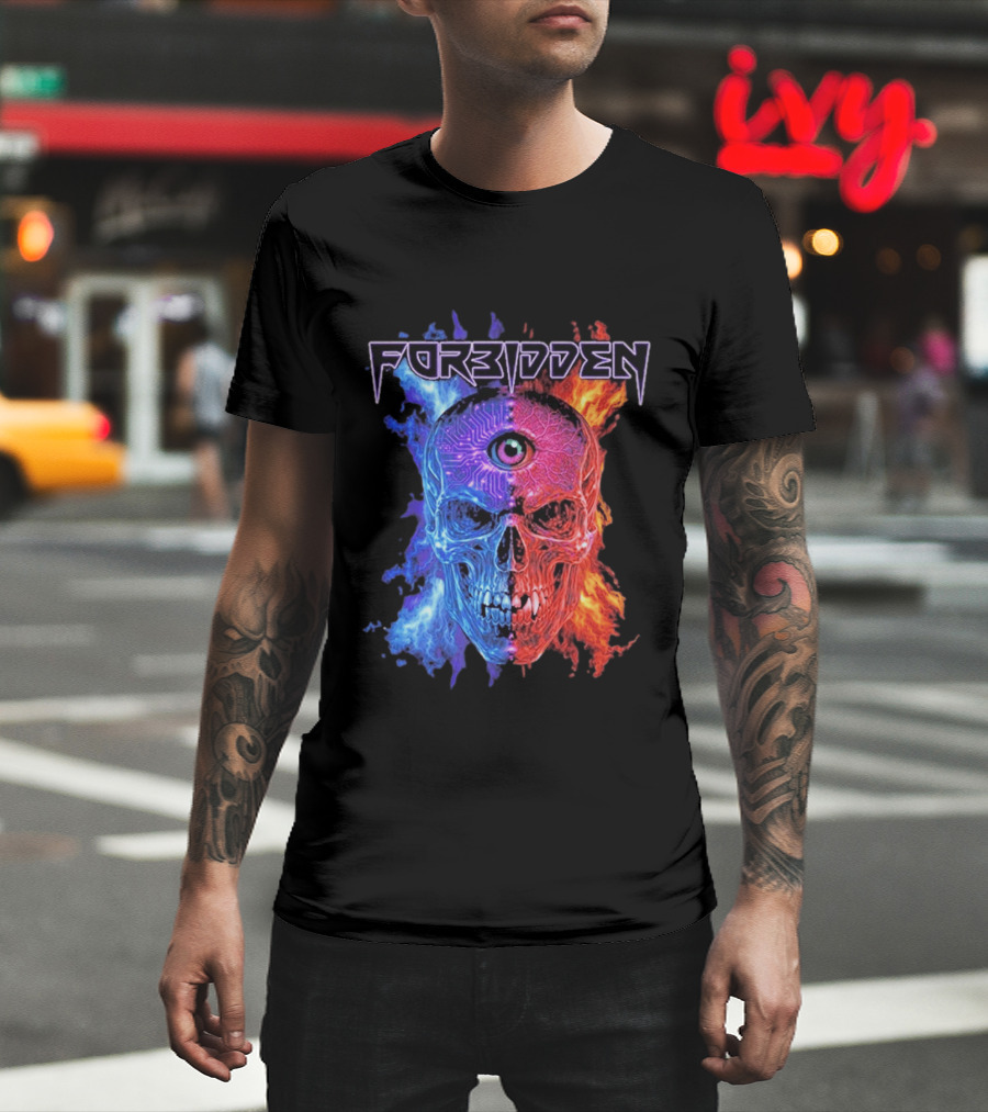 FORBIDDEN Skull Eye Flames Blue Red Fusion T-Shirt