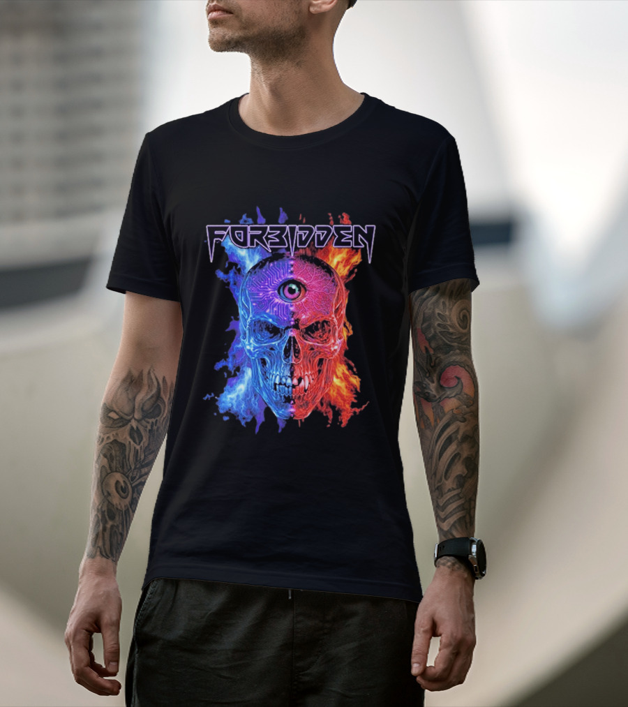 FORBIDDEN Skull Eye Flames Blue Red Fusion T-Shirt