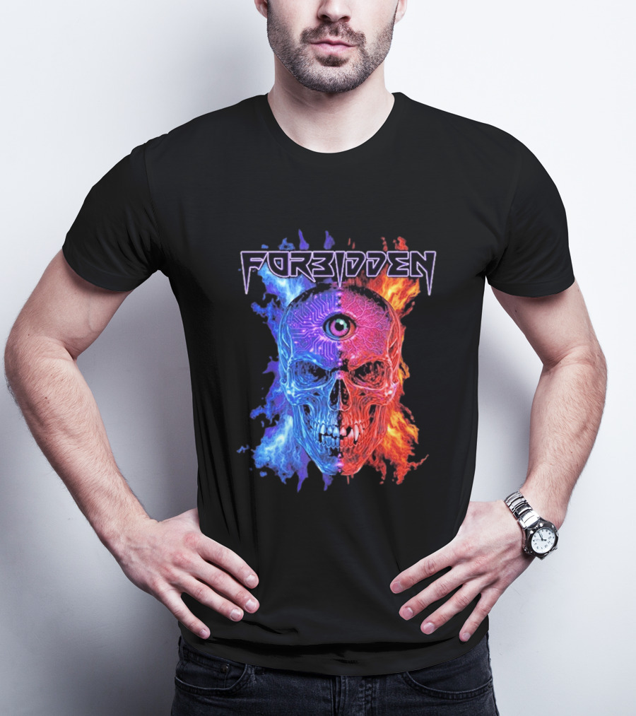 FORBIDDEN Skull Eye Flames Blue Red Fusion T-Shirt