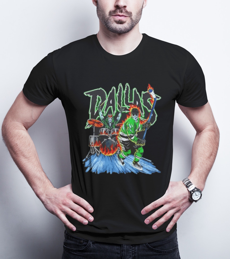 Dallas Stars Skeleton Hockey Fire With Drummer T-Shirt