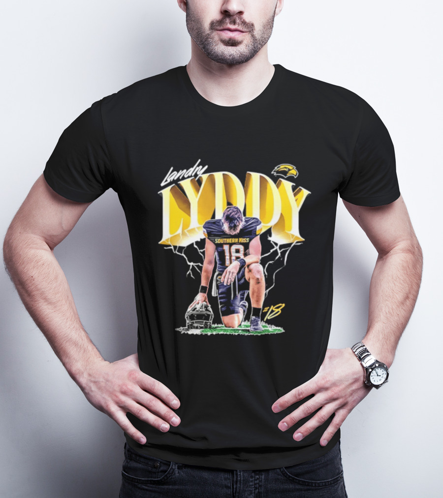 Landry Lyddy 18 Southern Miss Golden Eagles NCAA Football Player Lightning Kneeling Pose T-Shirt