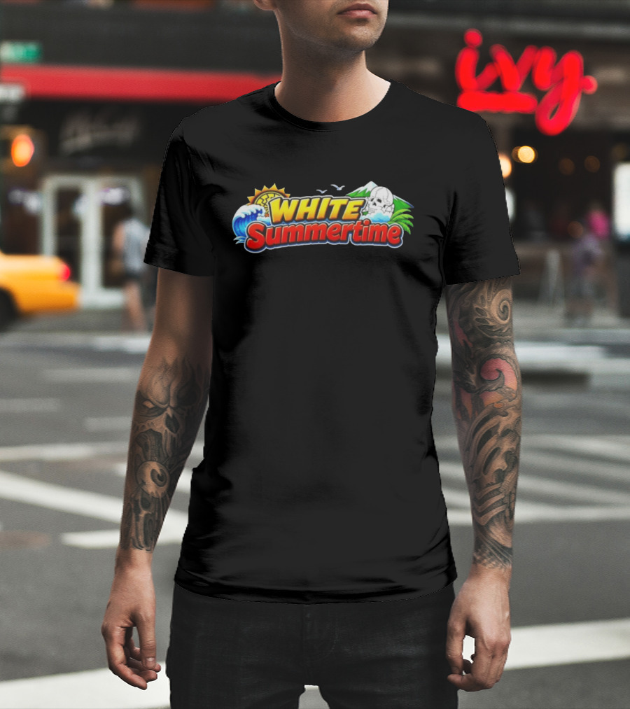 White Summertime Skull Ocean Beach Sun Palm Birds T-Shirt