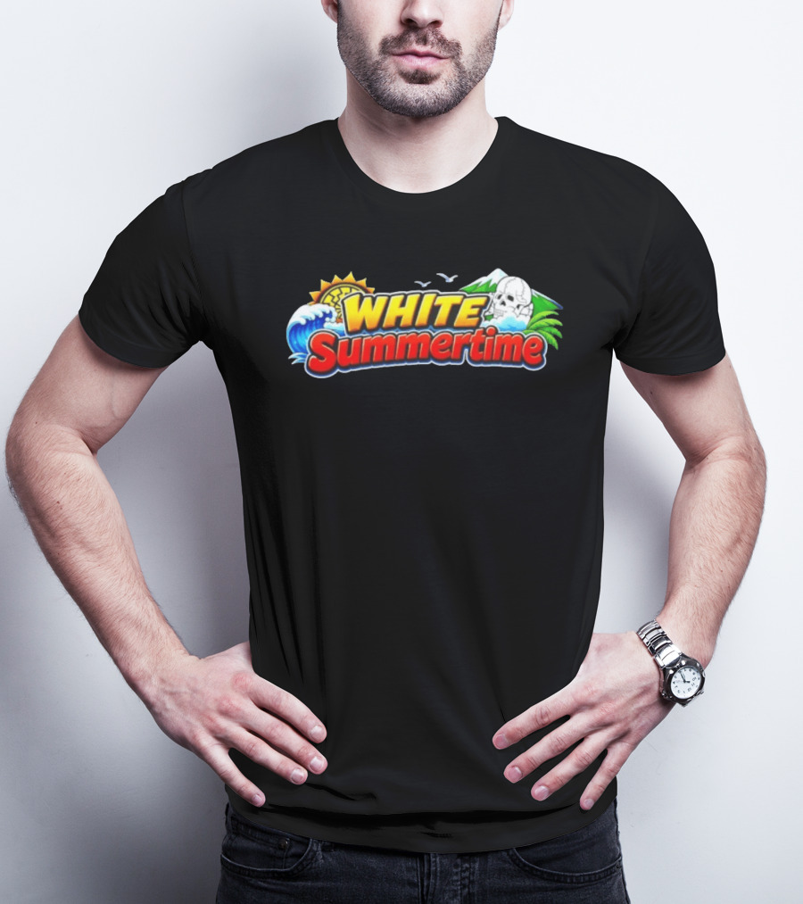 White Summertime Skull Ocean Beach Sun Palm Birds T-Shirt