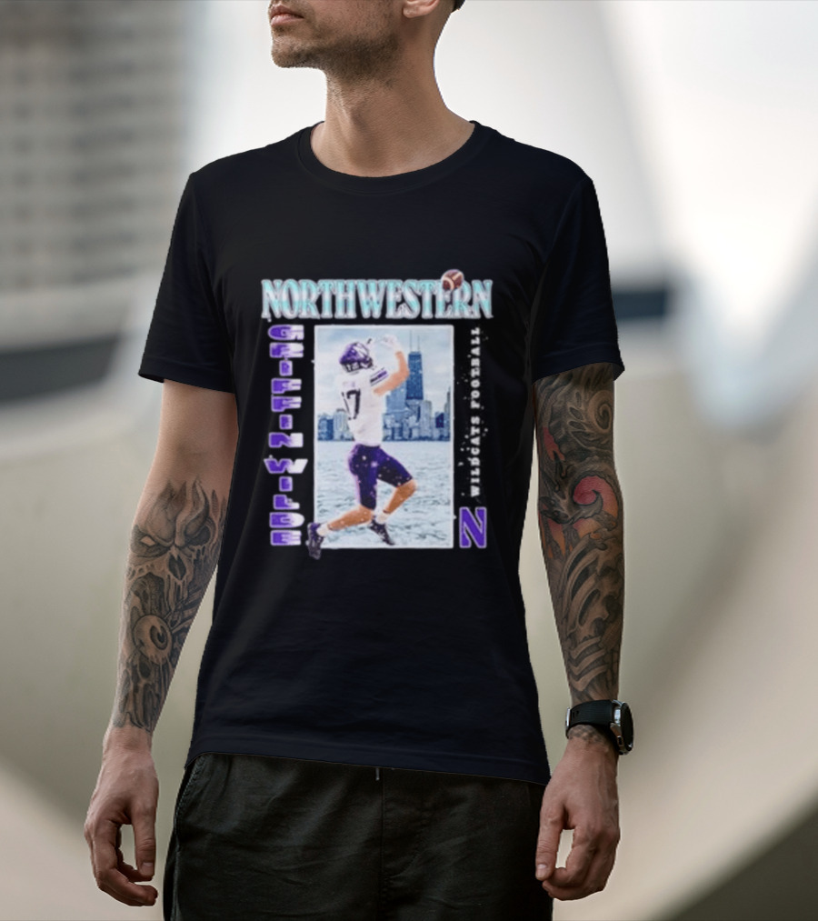 Northwestern Wildcats Football Griffin Wilde No 17 Chicago Skyline T-Shirt