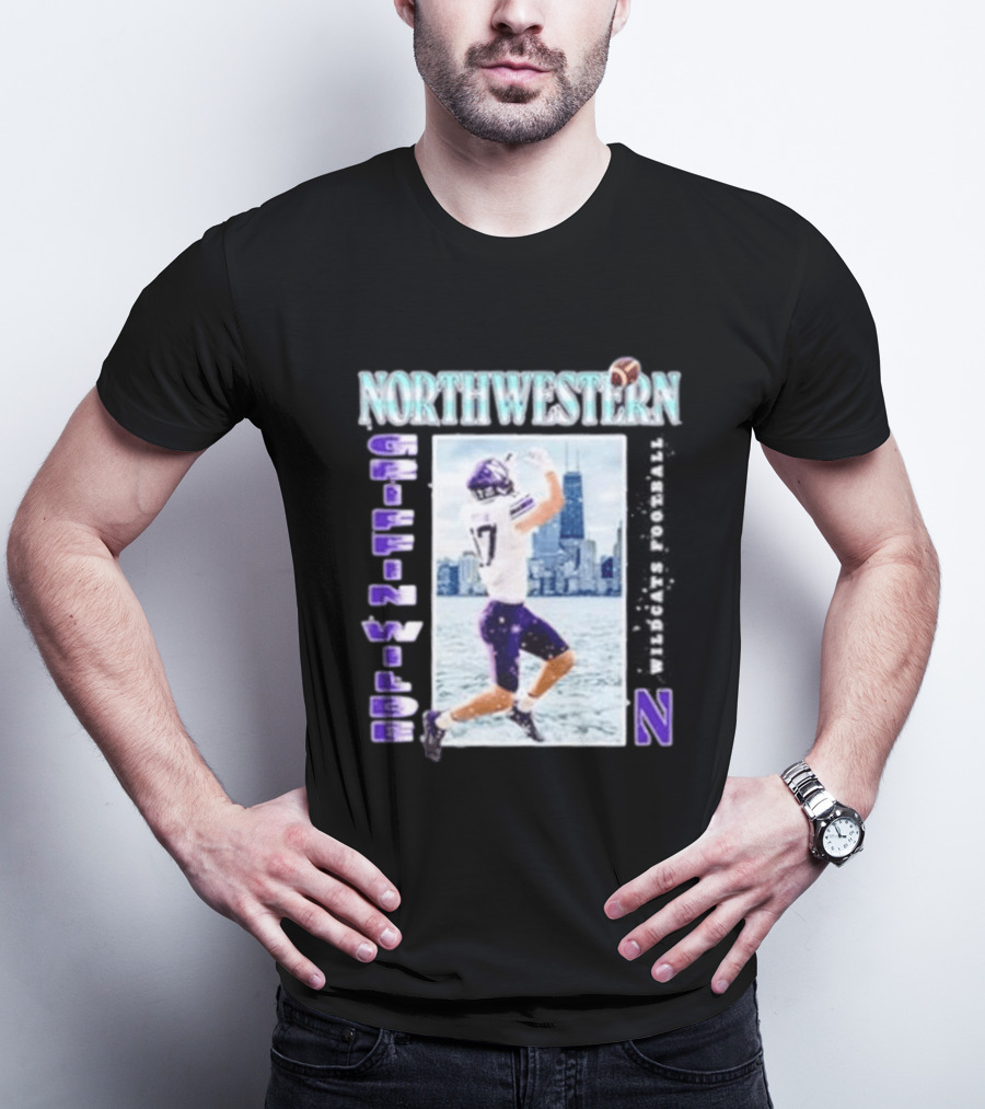 Northwestern Wildcats Football Griffin Wilde No 17 Chicago Skyline T-Shirt