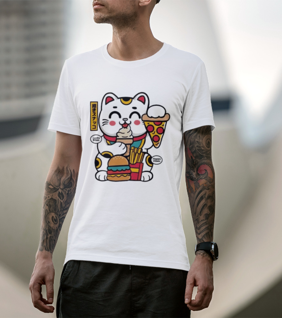 Lucky Bites Happy Vibes Maneki Neko Cat Ice Cream Pizza Burger Fries T-Shirt