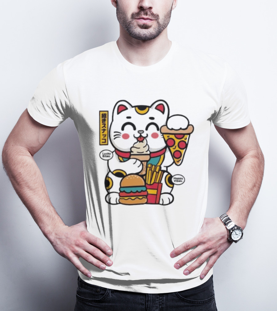 Lucky Bites Happy Vibes Maneki Neko Cat Ice Cream Pizza Burger Fries T-Shirt