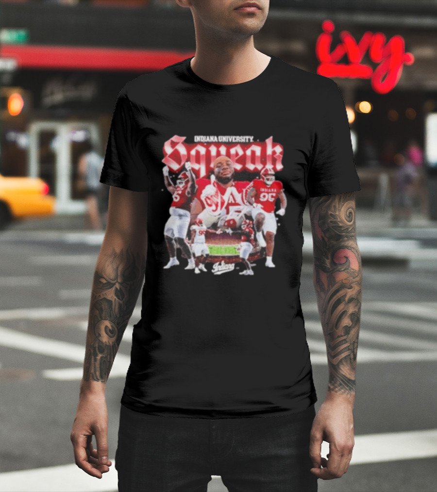Indiana University Squeak Collage Featuring Indiana 96 Football Player In Red Uniform T-Shirt