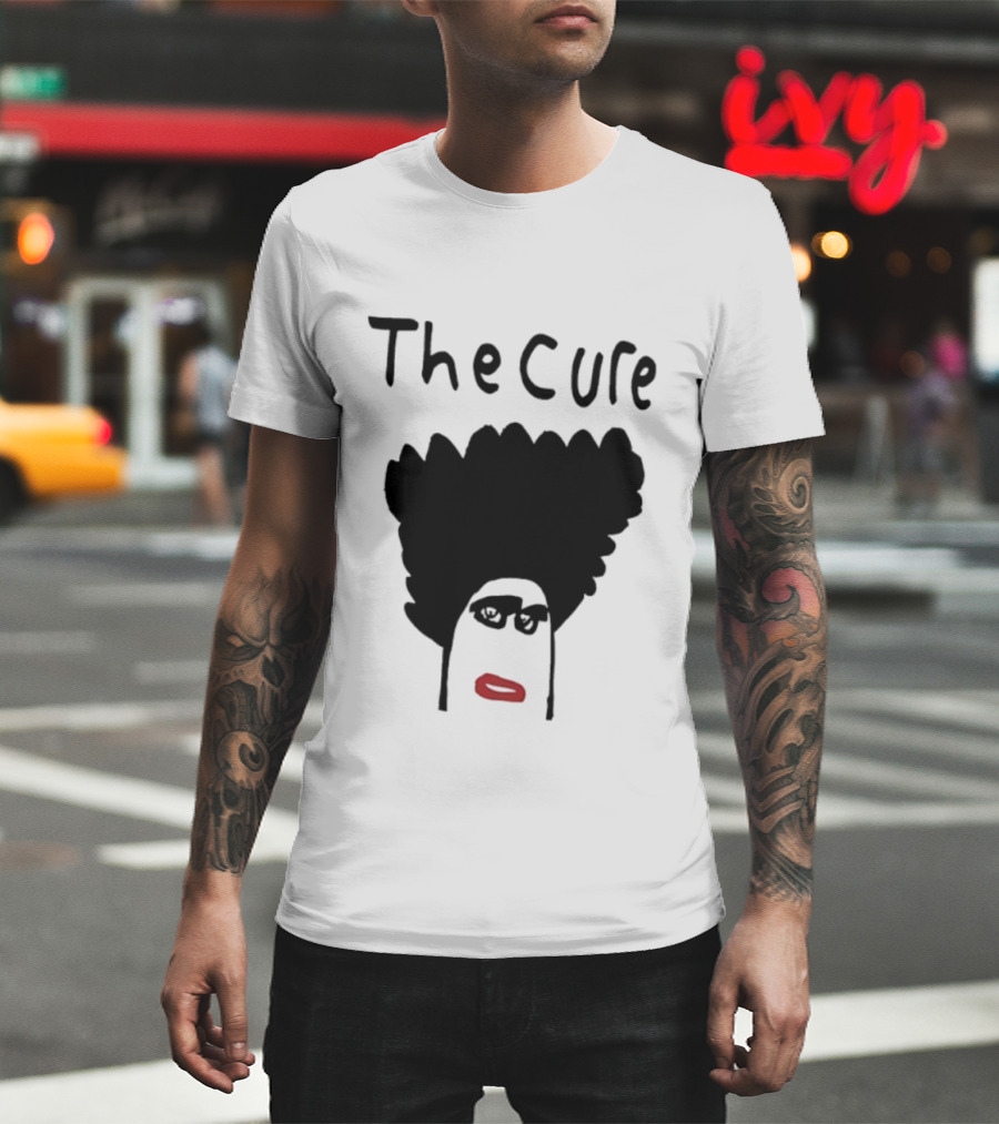 The Cure Hand Drawn Robert Smith Bold Hair Red Lips Black Glasses T-Shirt