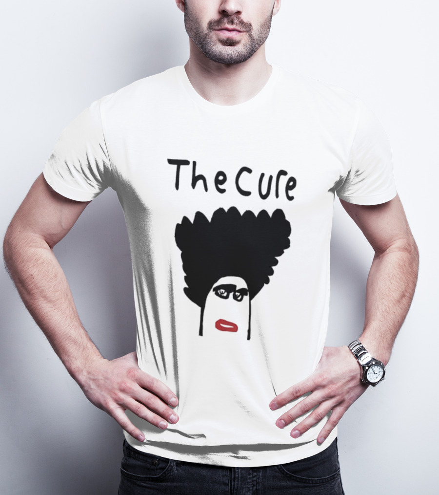 The Cure Hand Drawn Robert Smith Bold Hair Red Lips Black Glasses T-Shirt