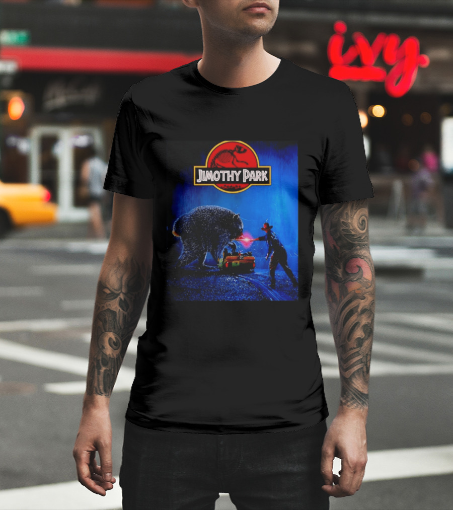 Jimothy Park Dinosaur Adventure Lampoon With Bear Scene T-Shirt