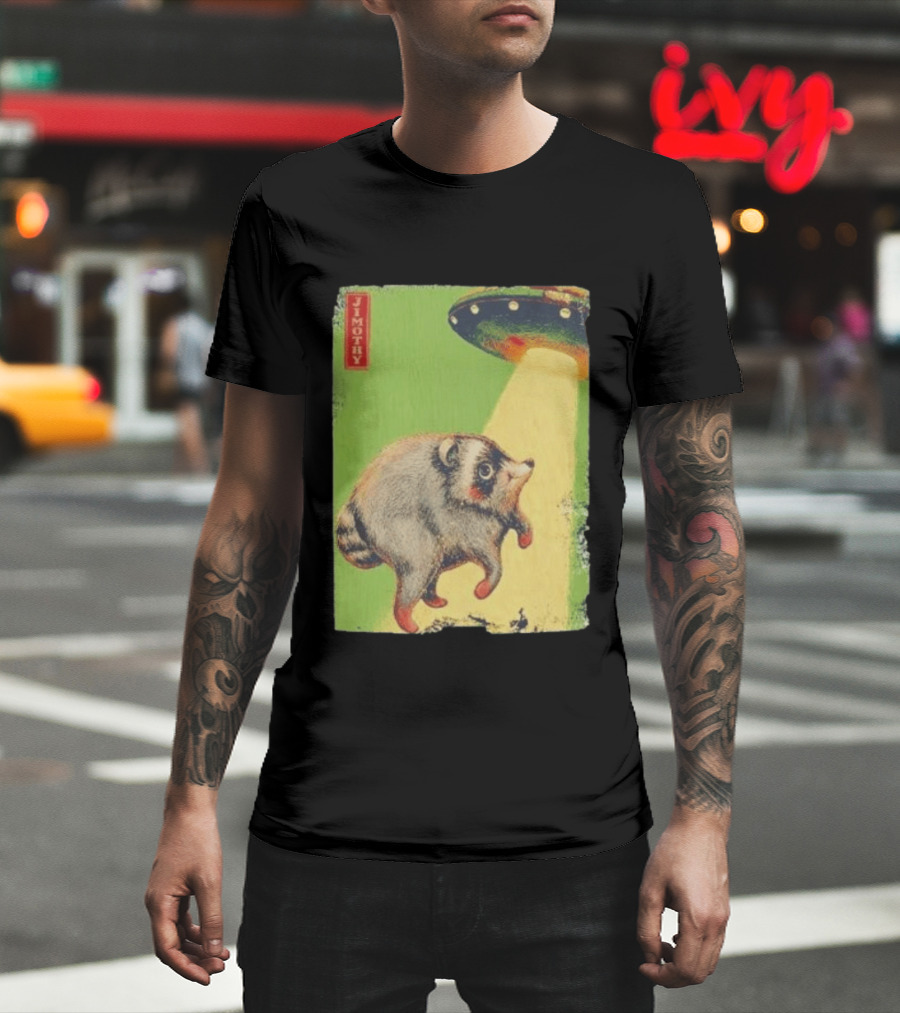 Jimothy Raccoon Abducted By UFO Alien Beam On Green T-Shirt