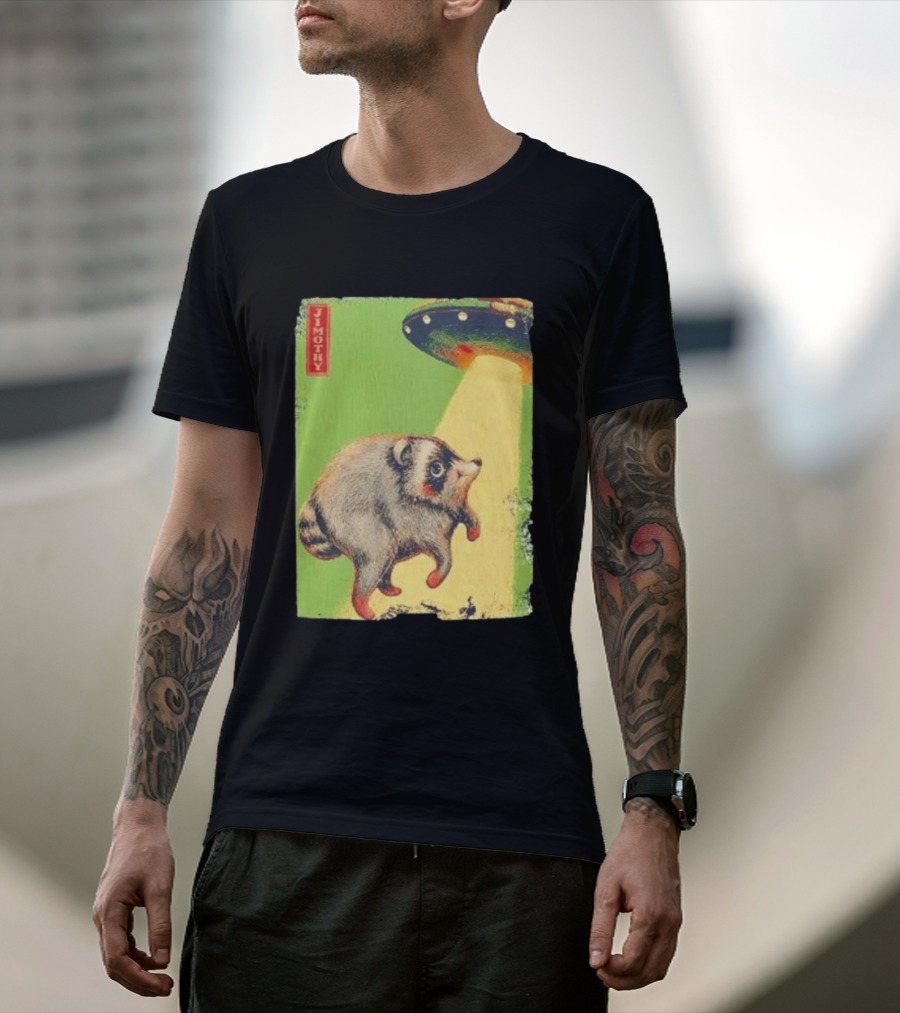 Jimothy Raccoon Abducted By UFO Alien Beam On Green T-Shirt