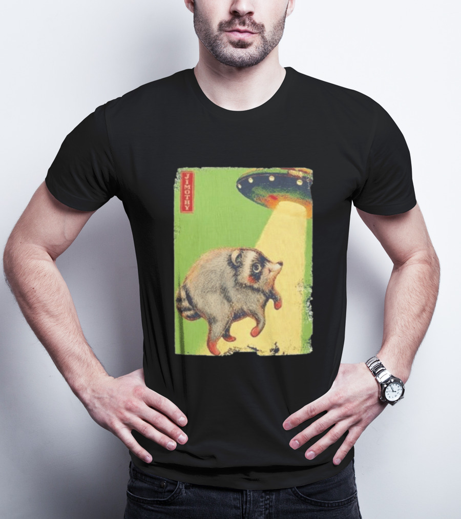 Jimothy Raccoon Abducted By UFO Alien Beam On Green T-Shirt