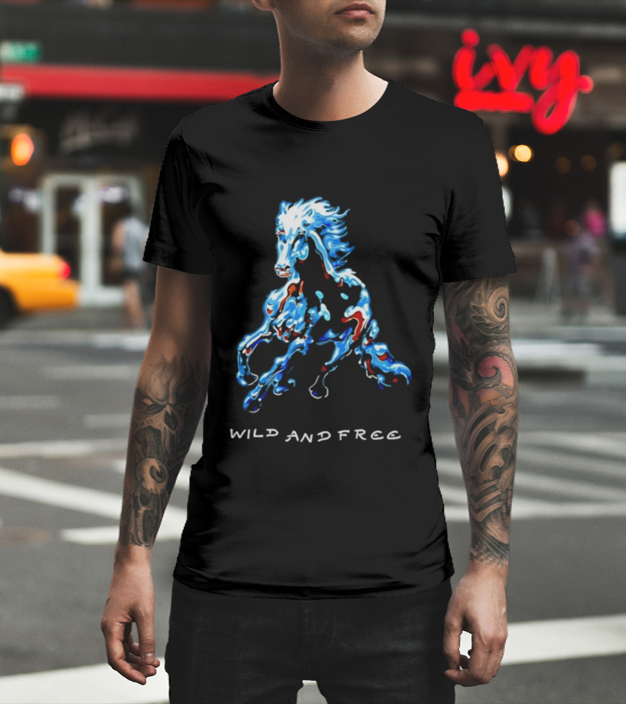 Wild Horse Wild And Free Blue Red Watercolor T-Shirt