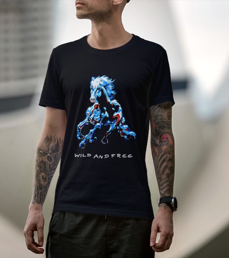 Wild Horse Wild And Free Blue Red Watercolor T-Shirt
