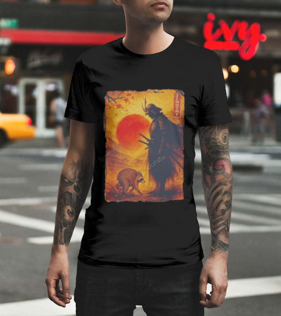 Jimothy Samurai Warrior And Raccoon Japanese Sunset T-Shirt