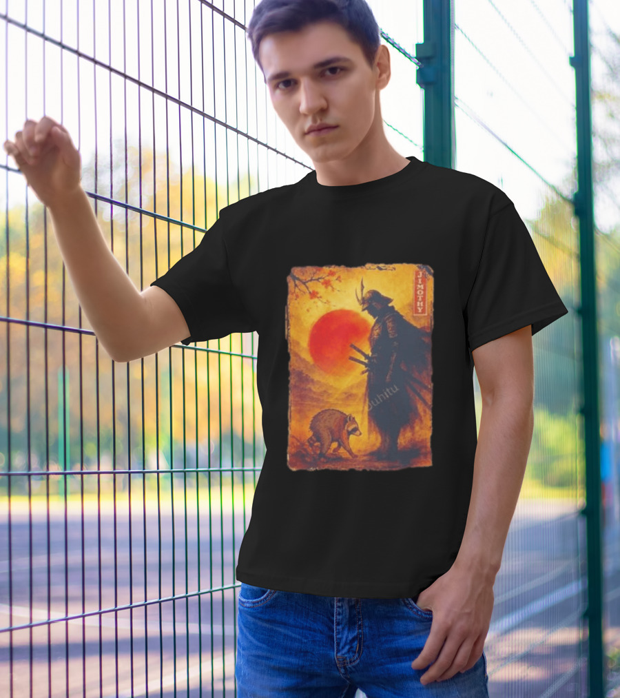 Jimothy Samurai Warrior And Raccoon Japanese Sunset T-Shirt